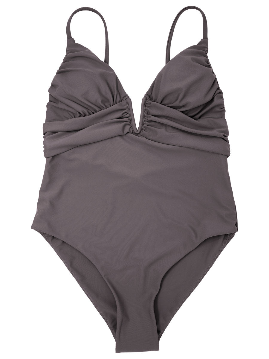 Brown Textured Ruched One-Piece Bikini - Adjustable, Flattering Fit ...